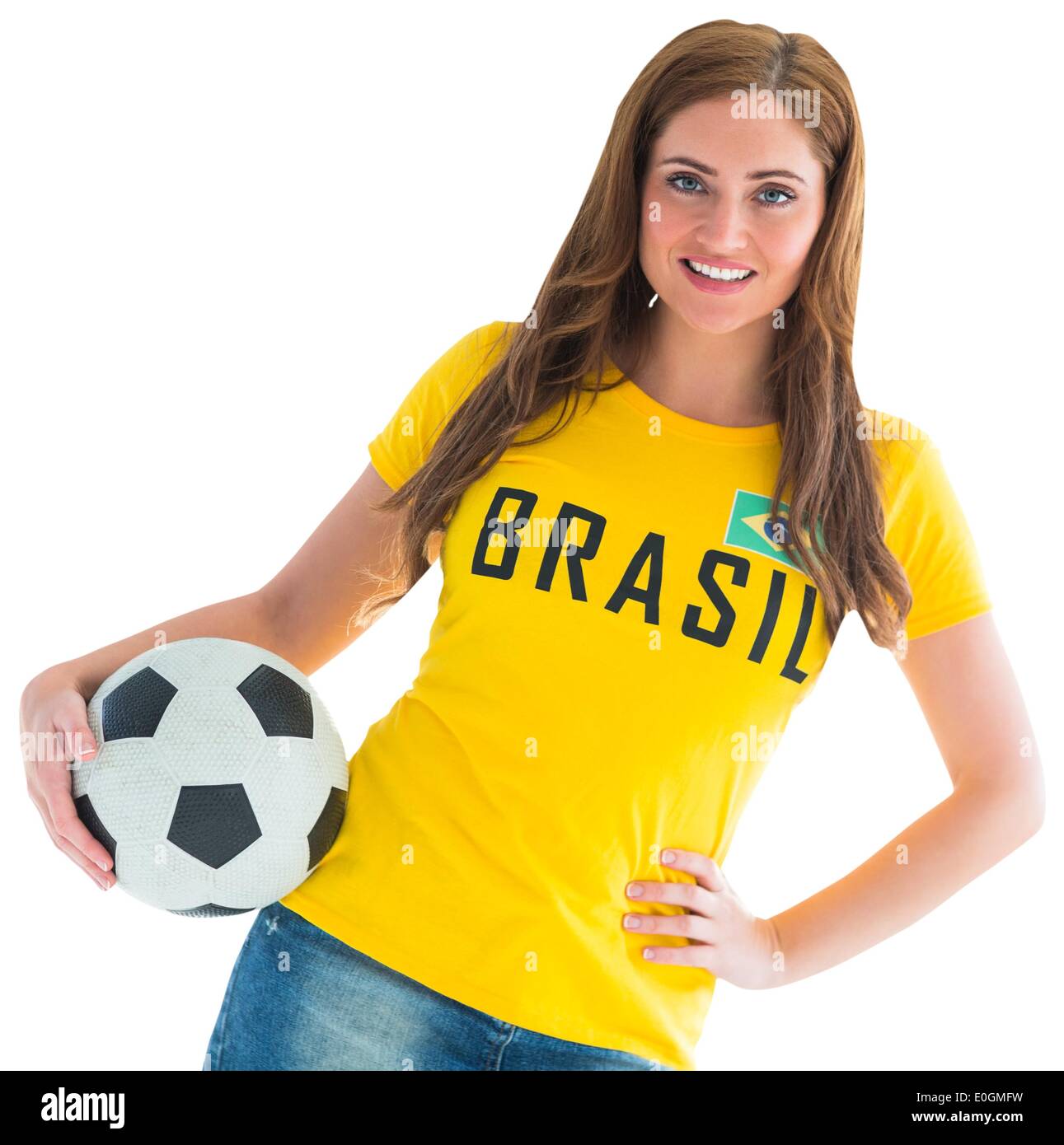 Pretty football fan in brasil t-shirt Stock Photo - Alamy