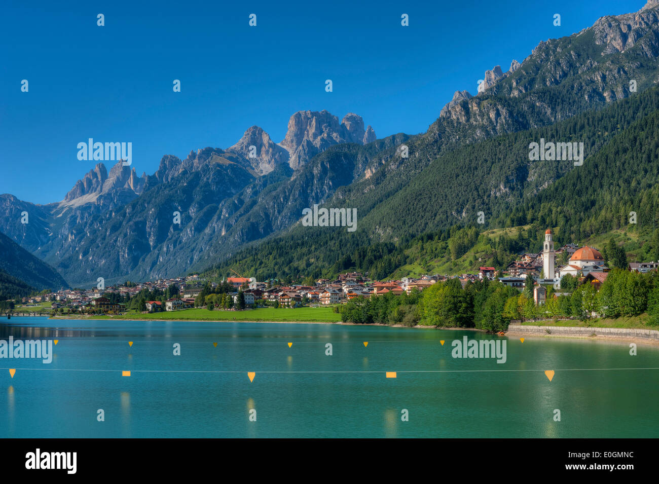View at the Auronzo lake and Auronzo with Tre Cime di Lavaredo, Auronzo ...