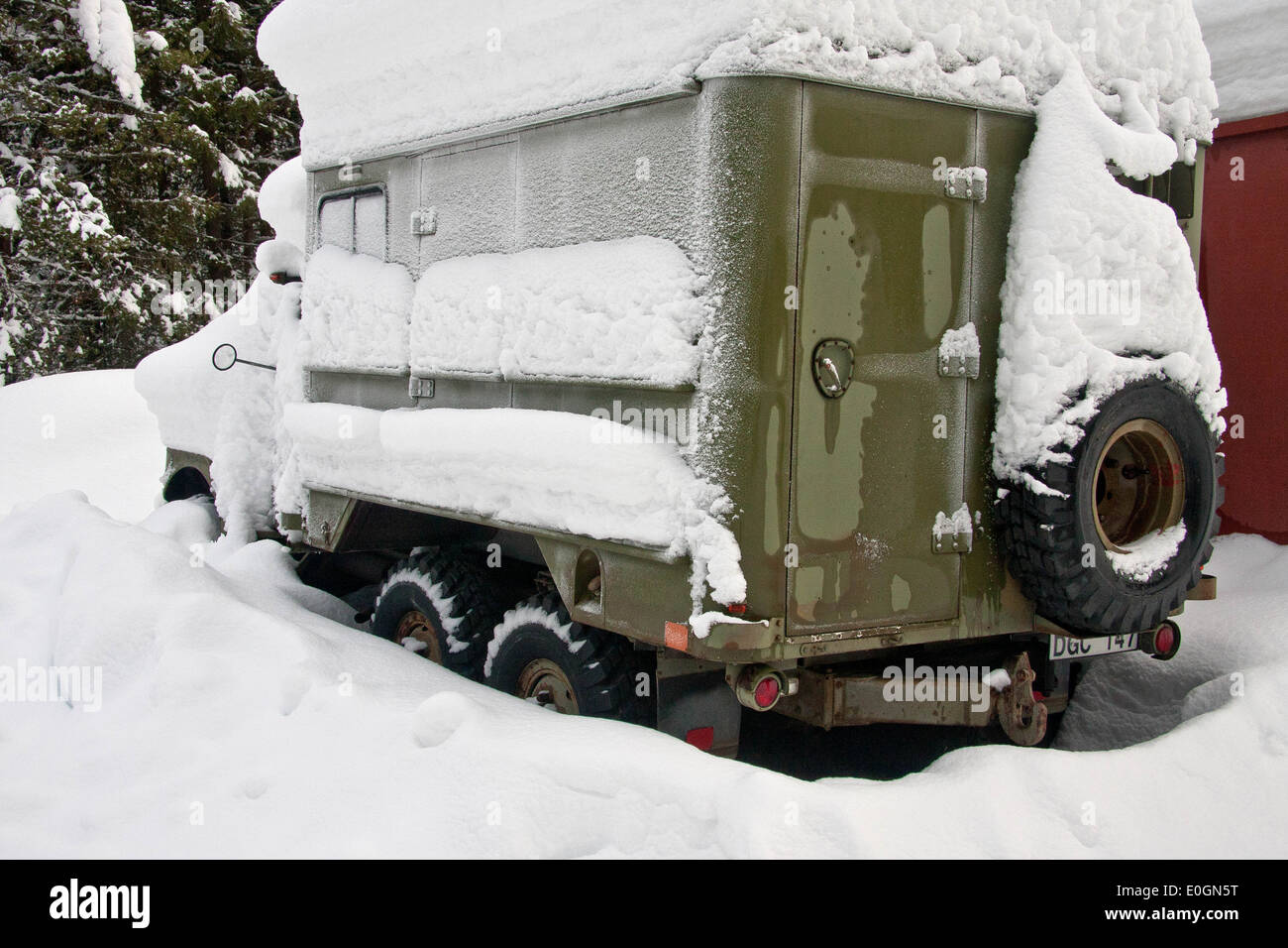 Snow covered military vehicle at the Ice Hotel in Jukkasjarvi near ...