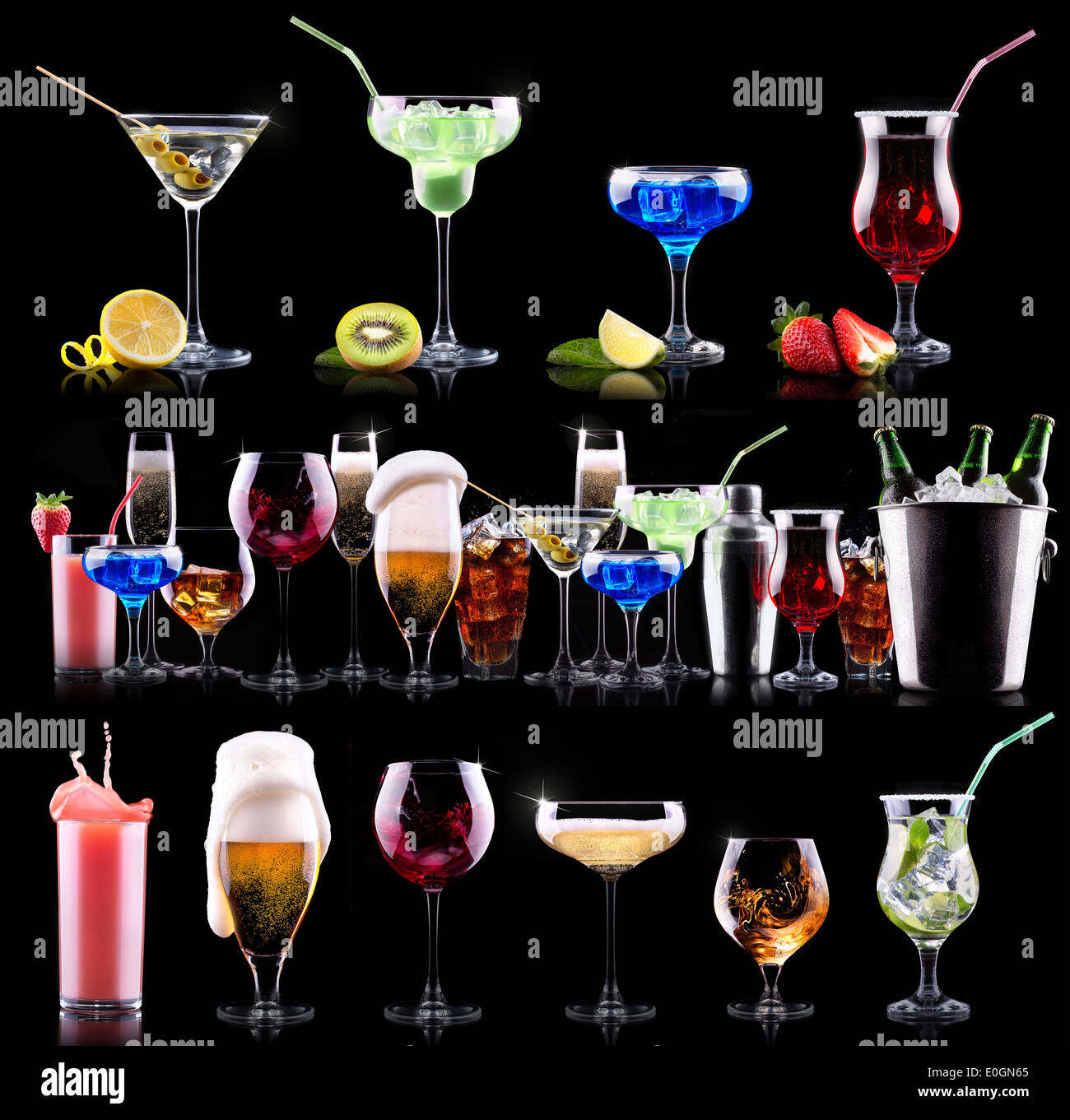 different alcohol drinks set - beer, wine, cocktail,juice, champagne ...