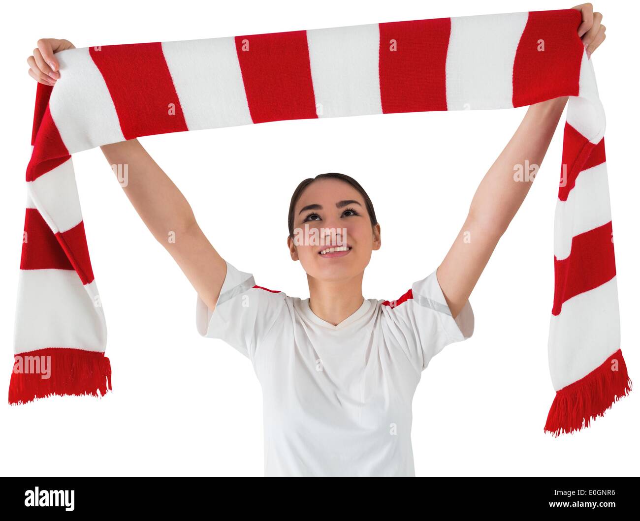Football fan waving red and white scarf Stock Photo - Alamy