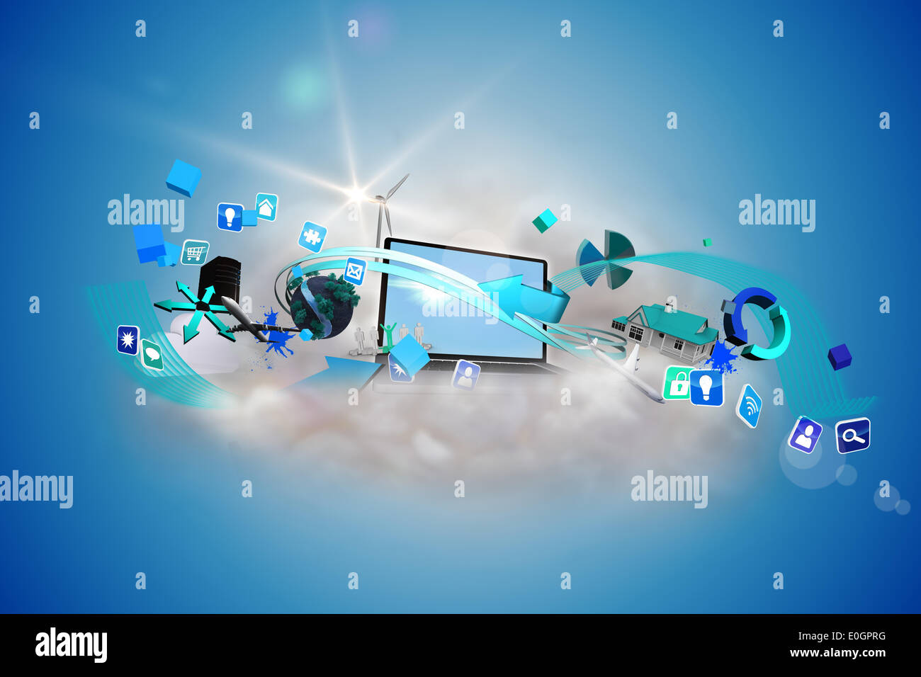 Laptop on a floating cloud with app icons Stock Photo - Alamy