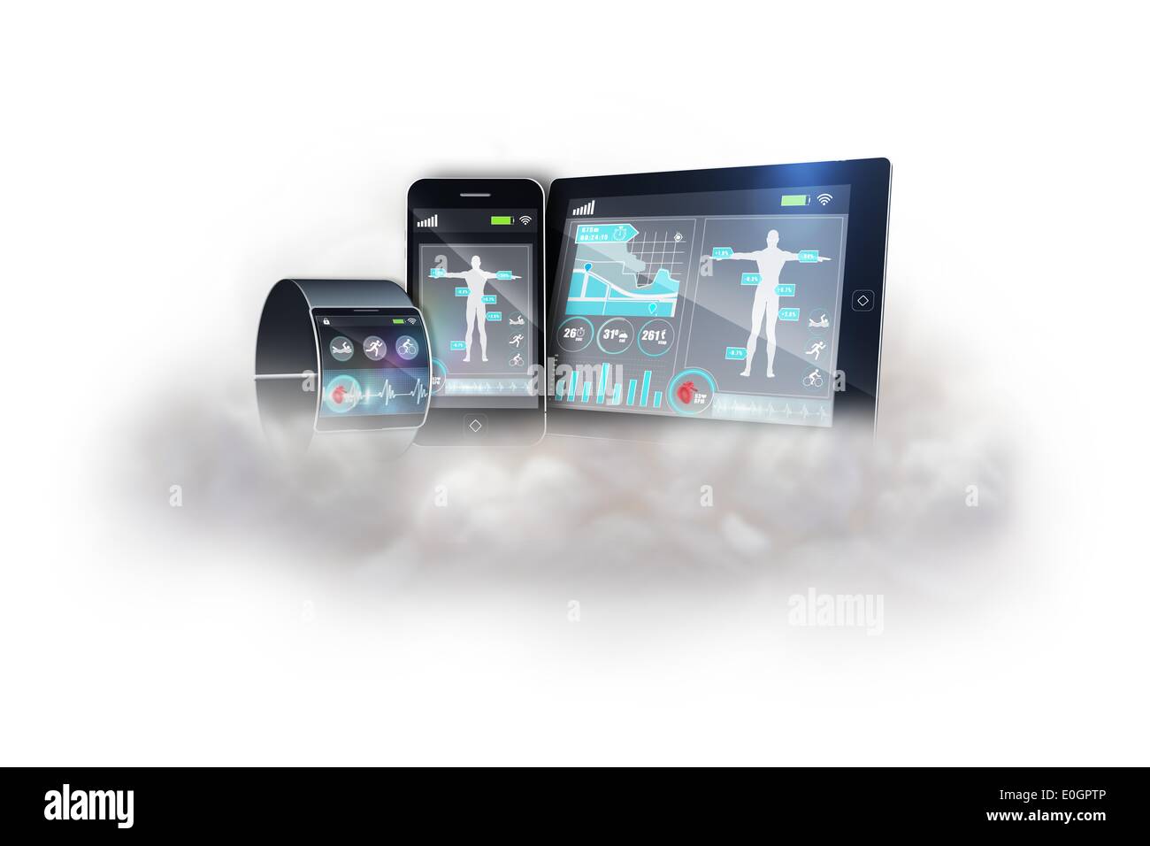 Futuristic black wrist watch with tablet and smartphone on cloud Stock ...