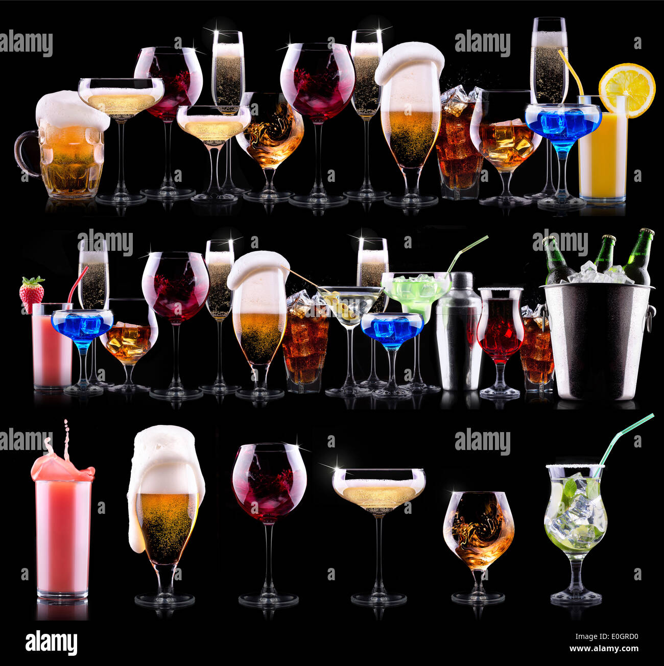 different alcohol drinks set - beer, wine, cocktail,juice, champagne ...