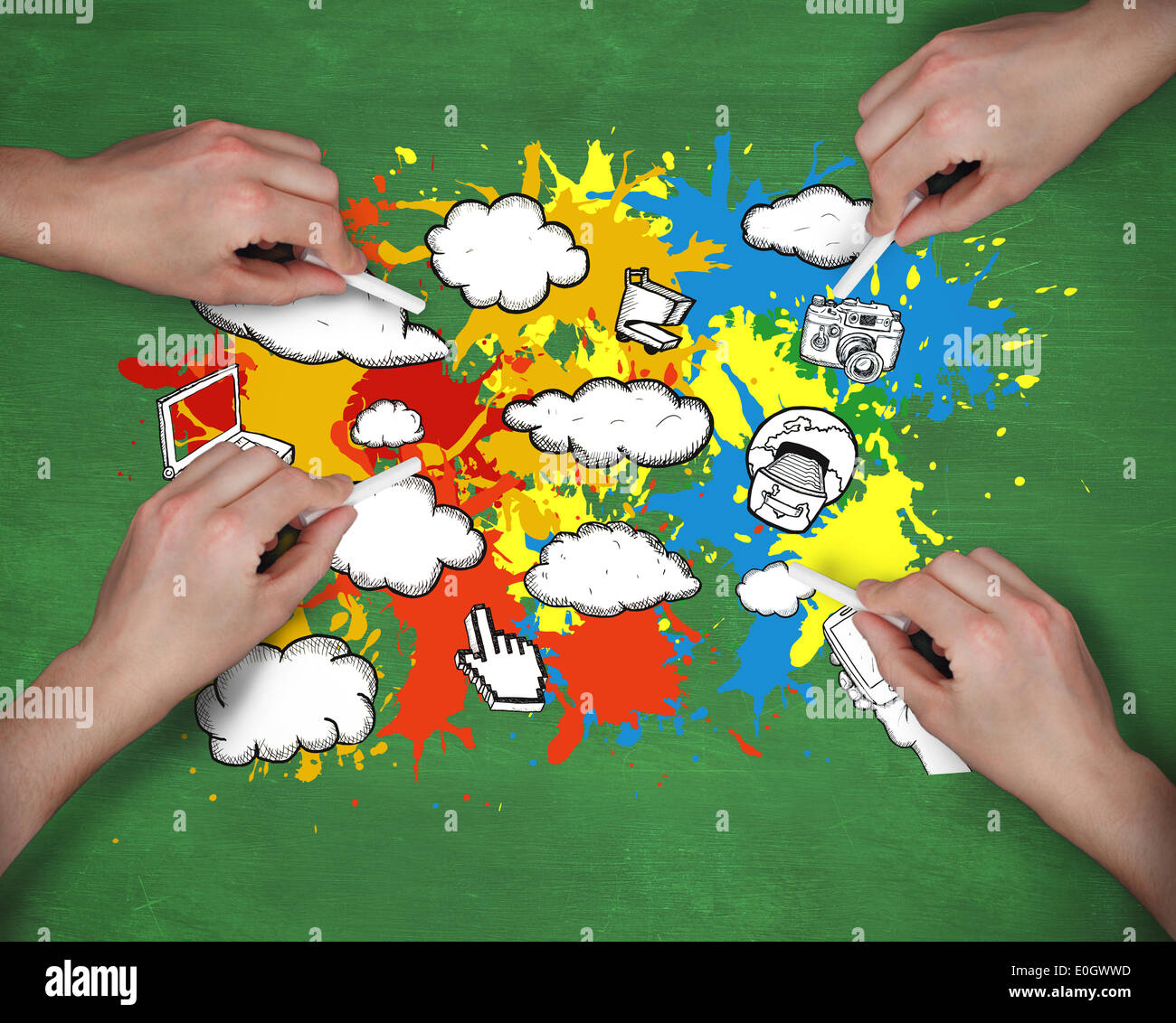 Composite image of multiple hands drawing apps with chalk Stock Photo ...