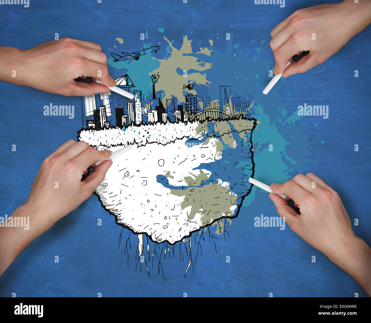 Composite image of multiple hands drawing cityscape with chalk Stock ...