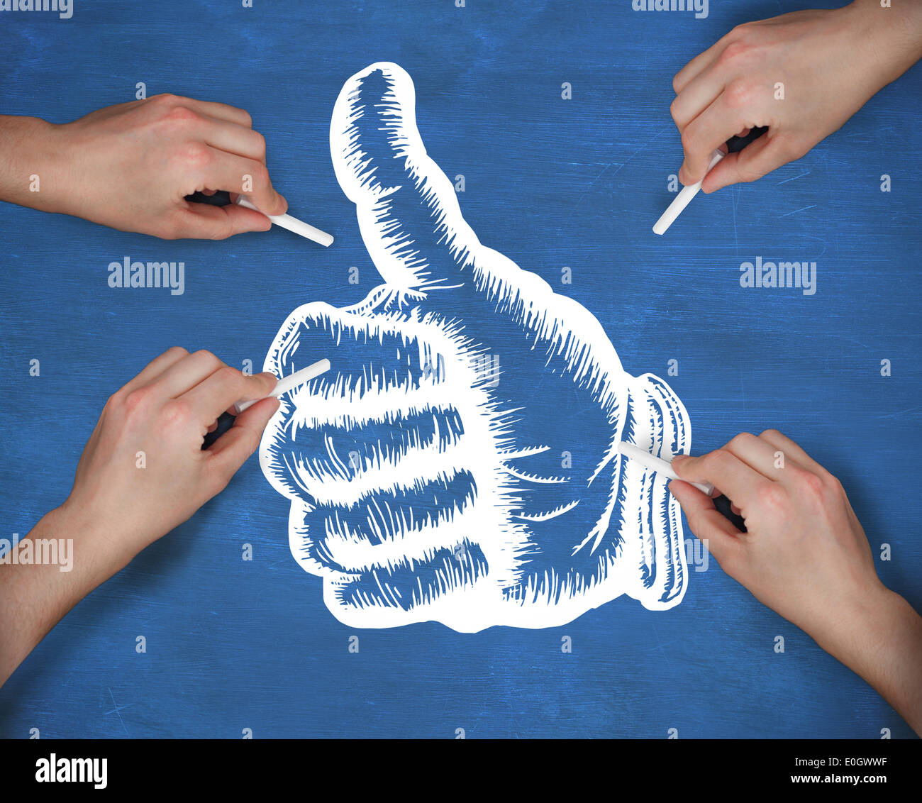Composite image of multiple hands drawing thumbs up with chalk Stock ...