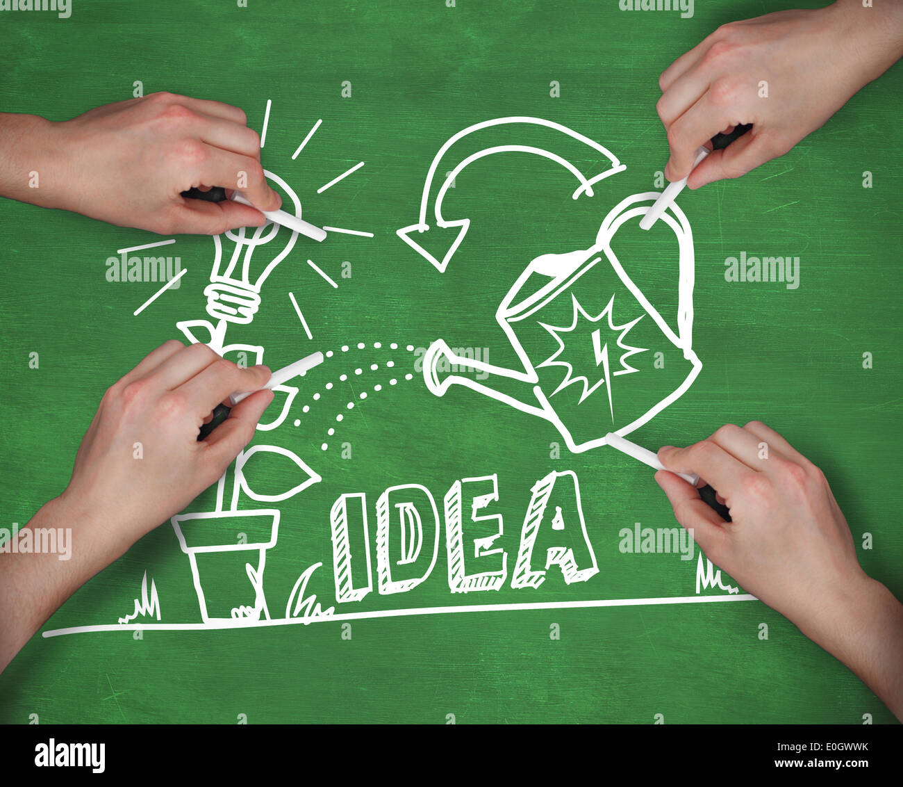 Composite image of multiple hands writing idea with chalk Stock Photo ...