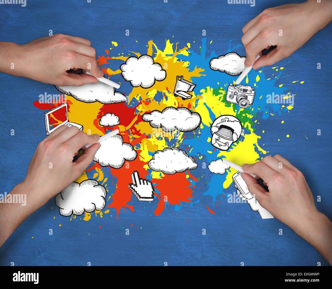 Composite image of multiple hands drawing apps with chalk Stock Photo ...