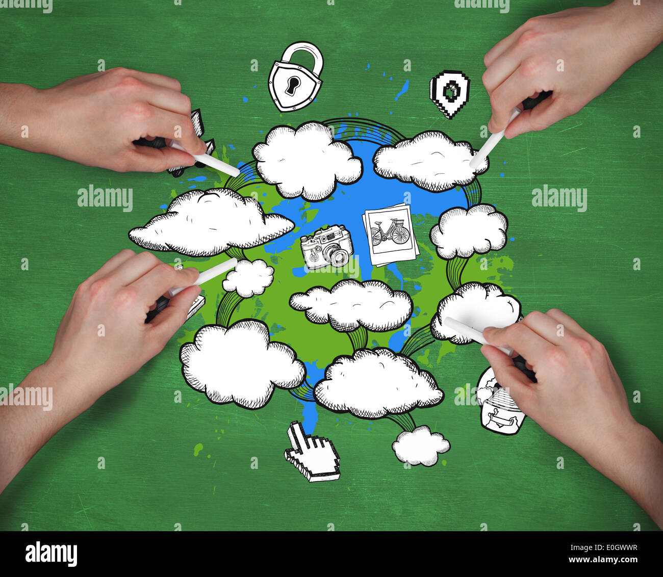 Composite image of multiple hands drawing clouds with chalk Stock Photo ...