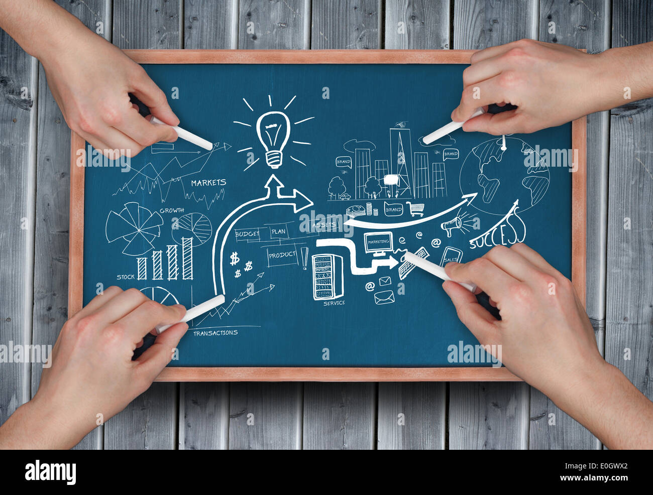 Composite image of multiple hands drawing brainstorm with chalk Stock ...