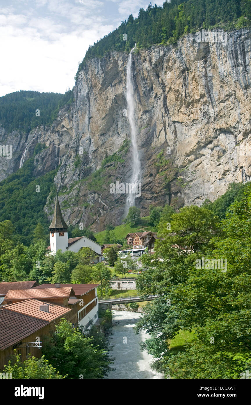 Staubach waterfall in the Lauterbrunnen valley, near Luterbrunnen ...