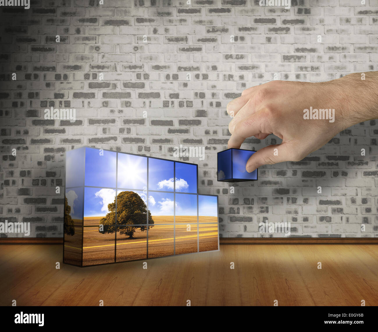 Composite image of hand building wall Stock Photo - Alamy