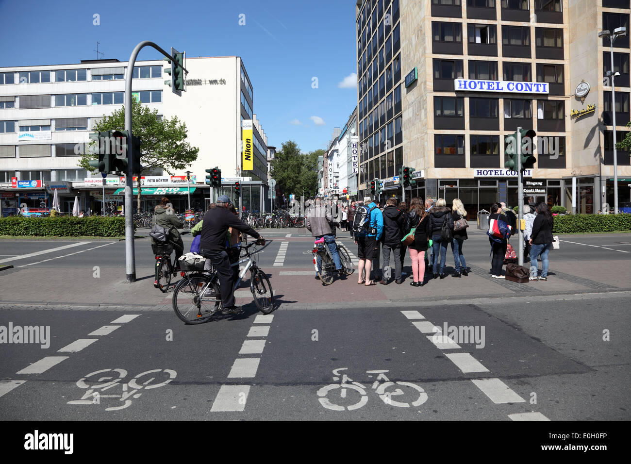 Cross walk with bike lanes in the city of Munster. North Rhine ...