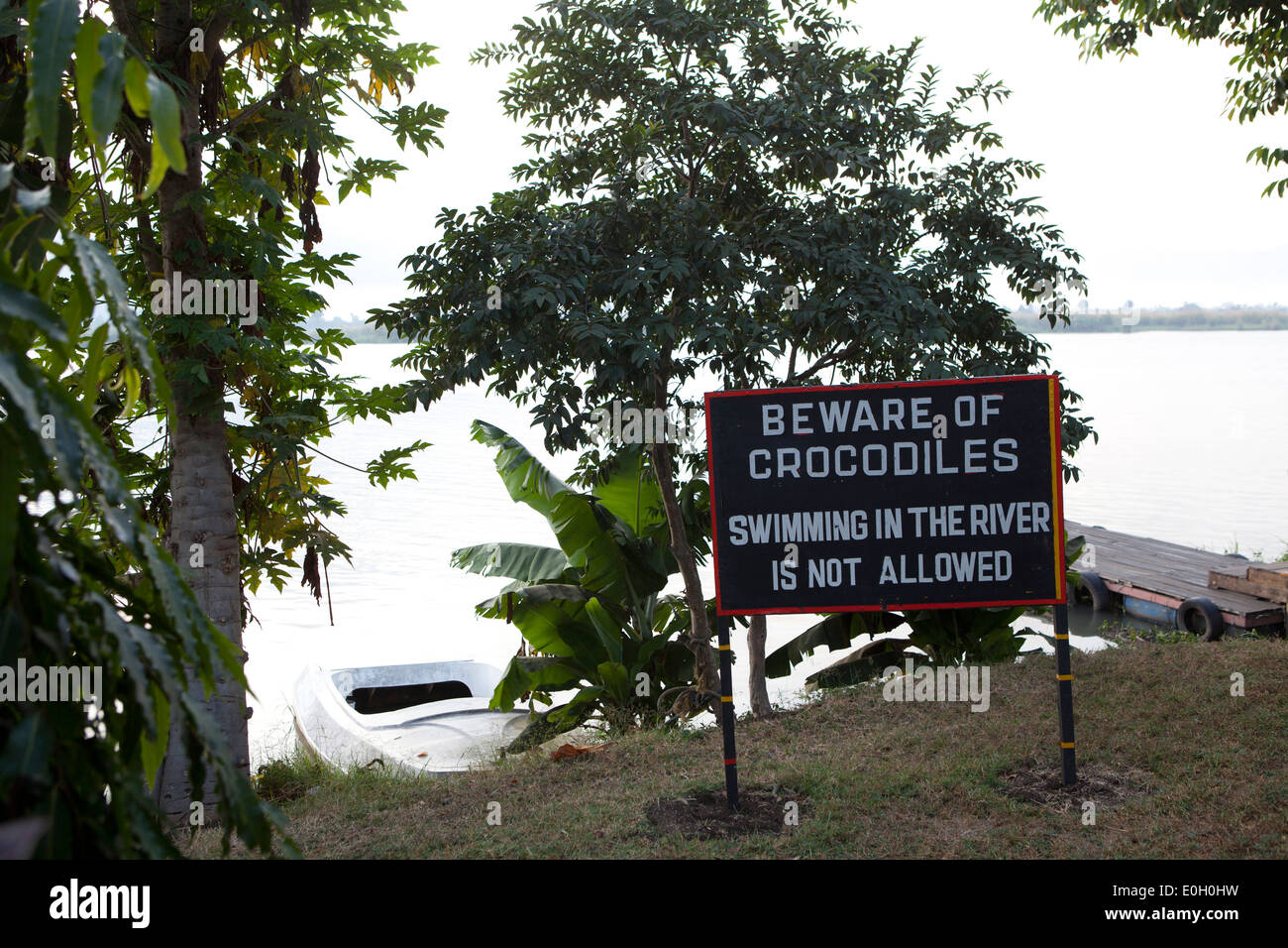 Beware of Crocodiles sign at the Shire River, Liwonde, Malawi, Africa ...