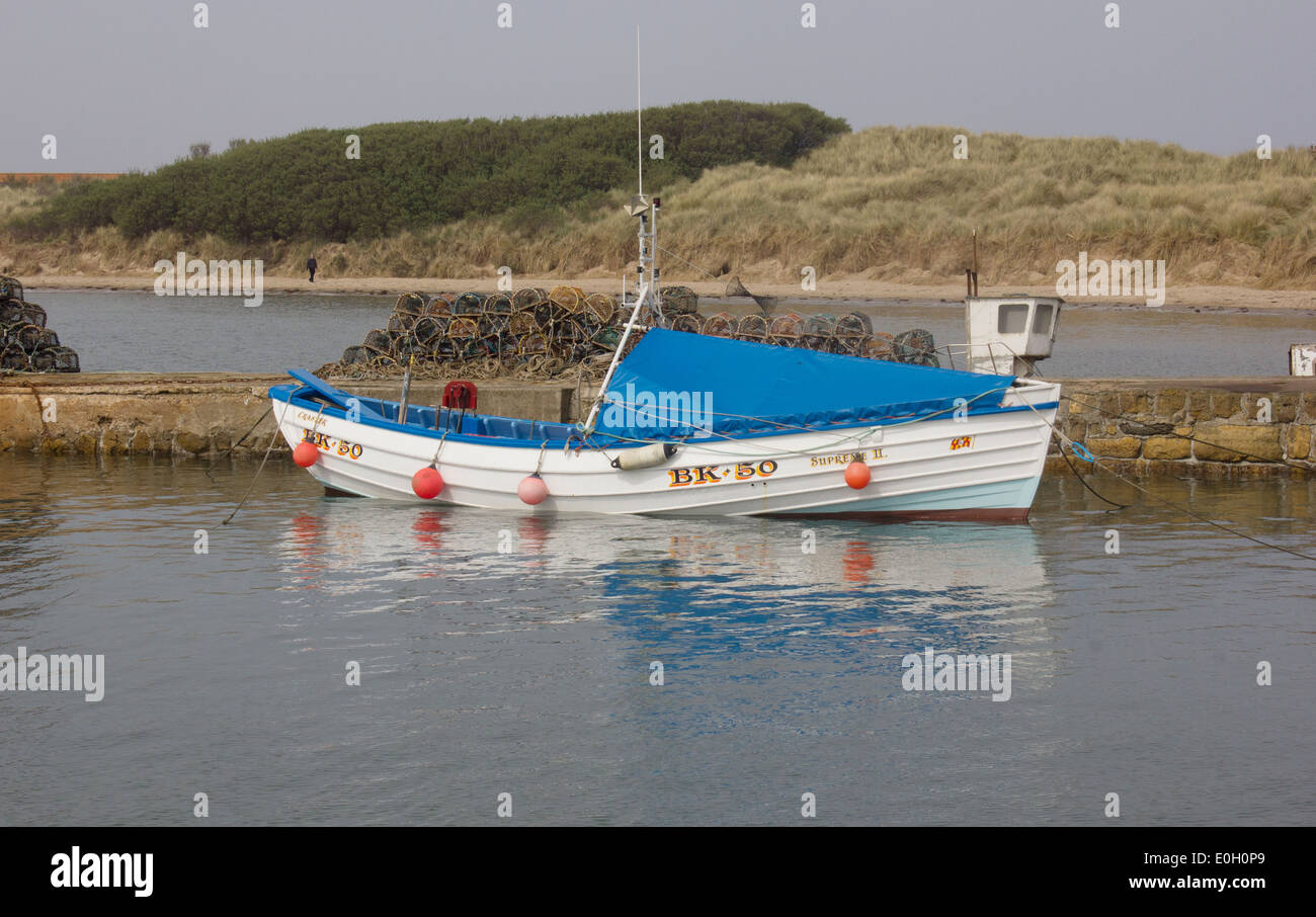 blue and white boat moored n Beadnell harbour Northumberland UK Stock ...