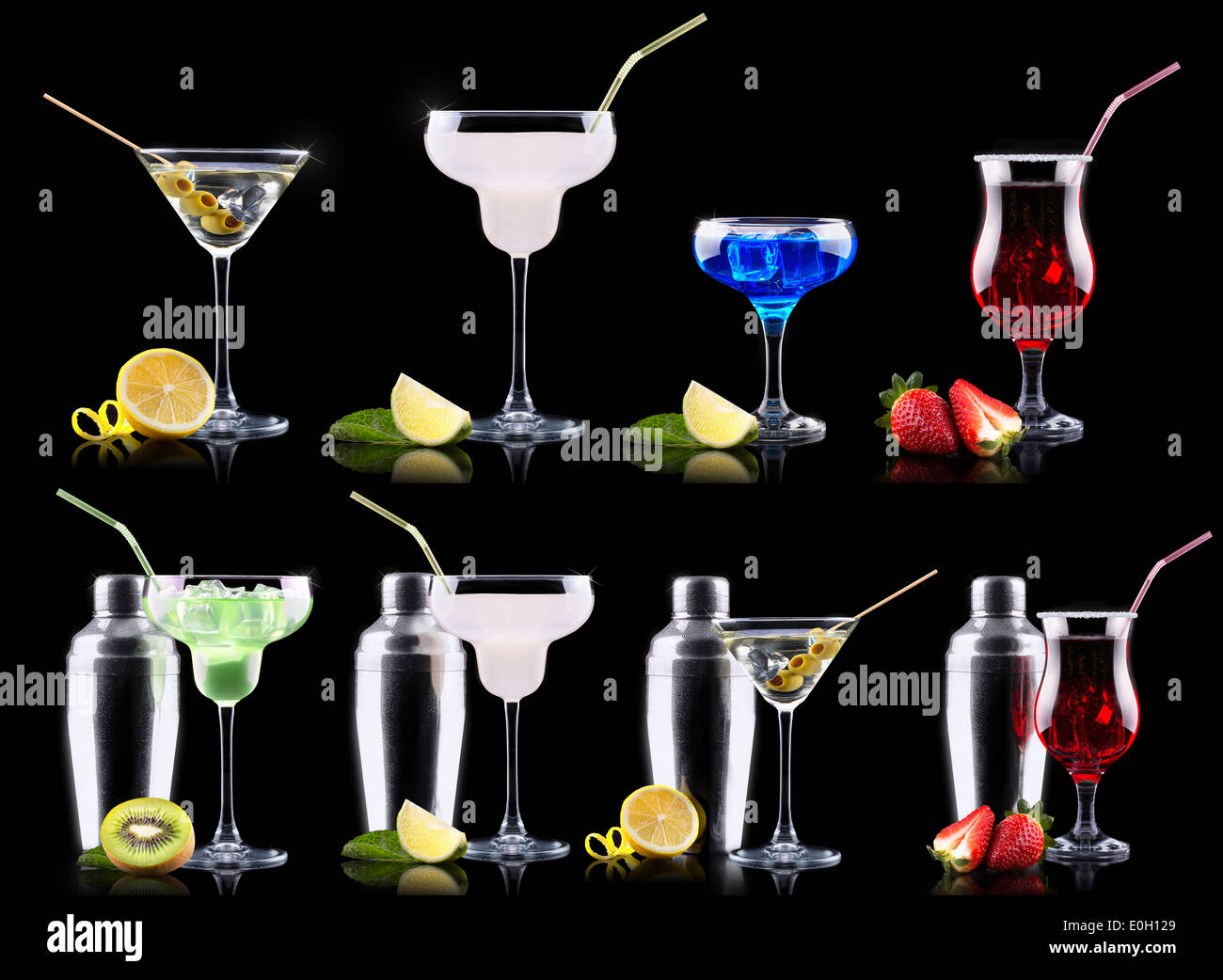 alcohol cocktail set on a black party background Stock Photo - Alamy