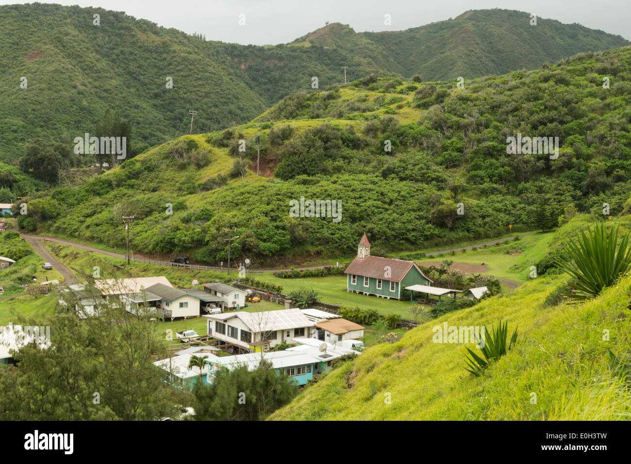 View of Kahakuloa village and church from the hills above, West Maui ...
