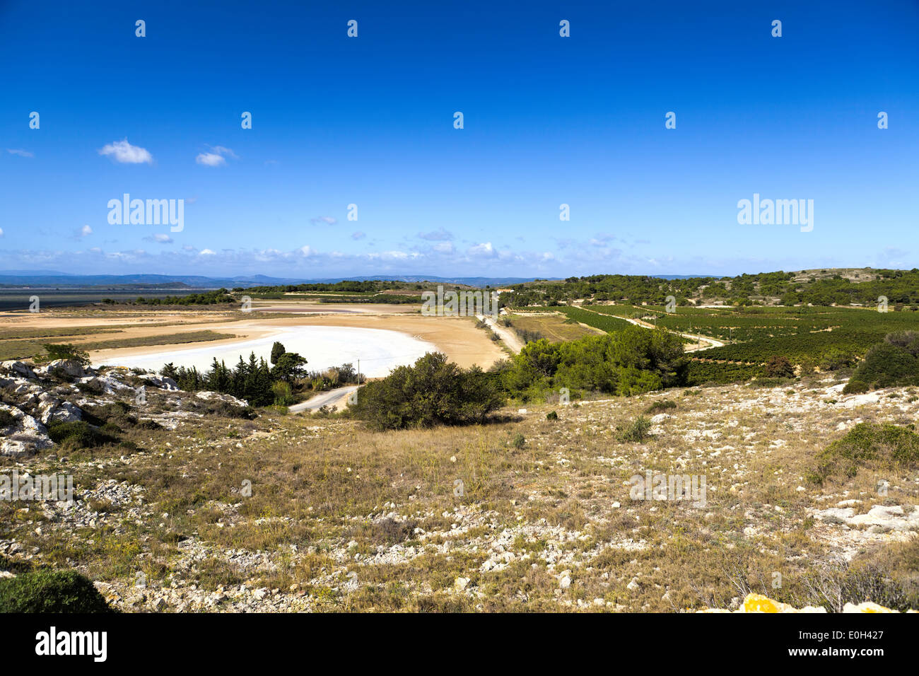 Dried brine pool under bright blue sky at Gruissan in southern France ...