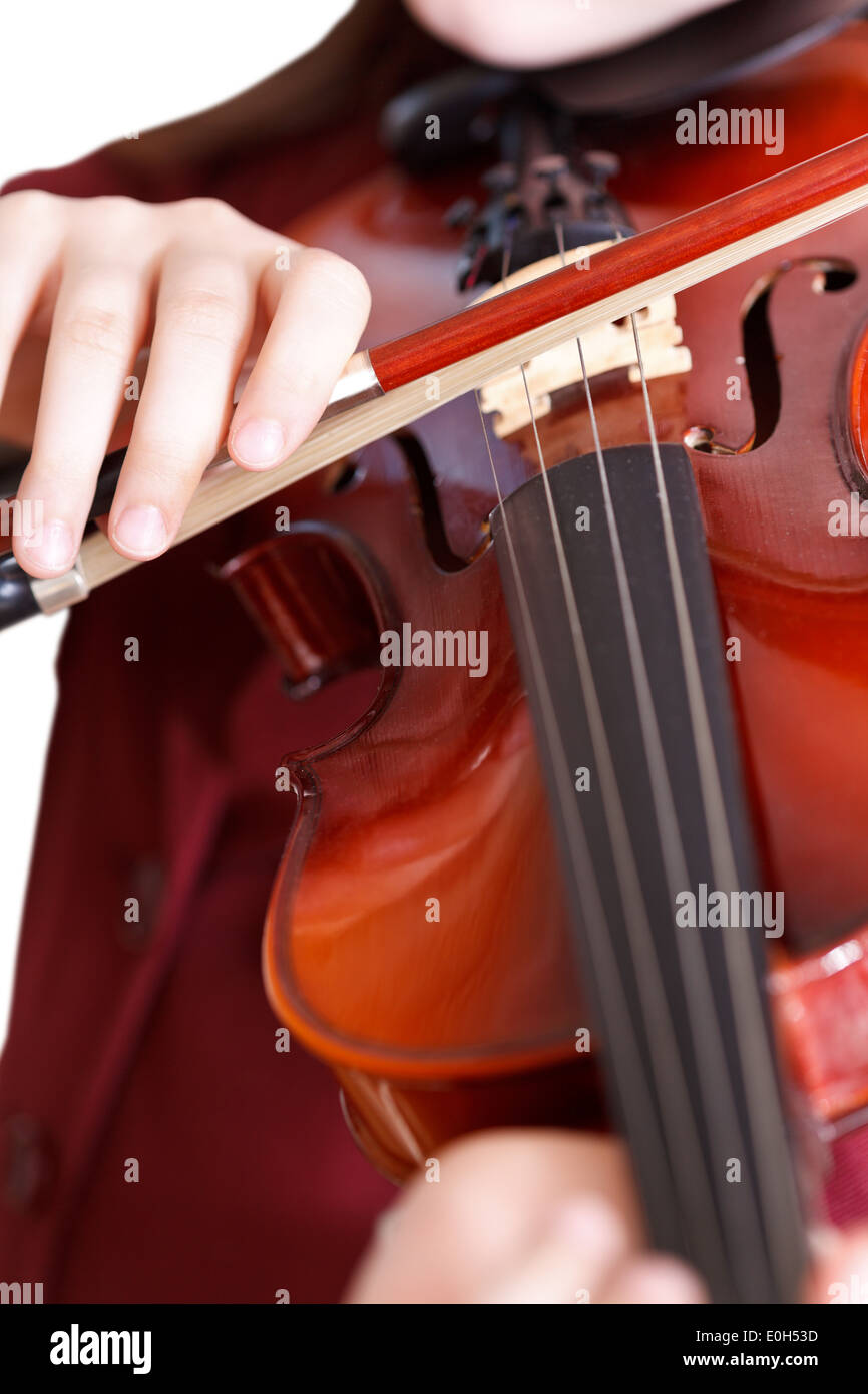girl plays on violin by bow close up isolated on white background Stock ...
