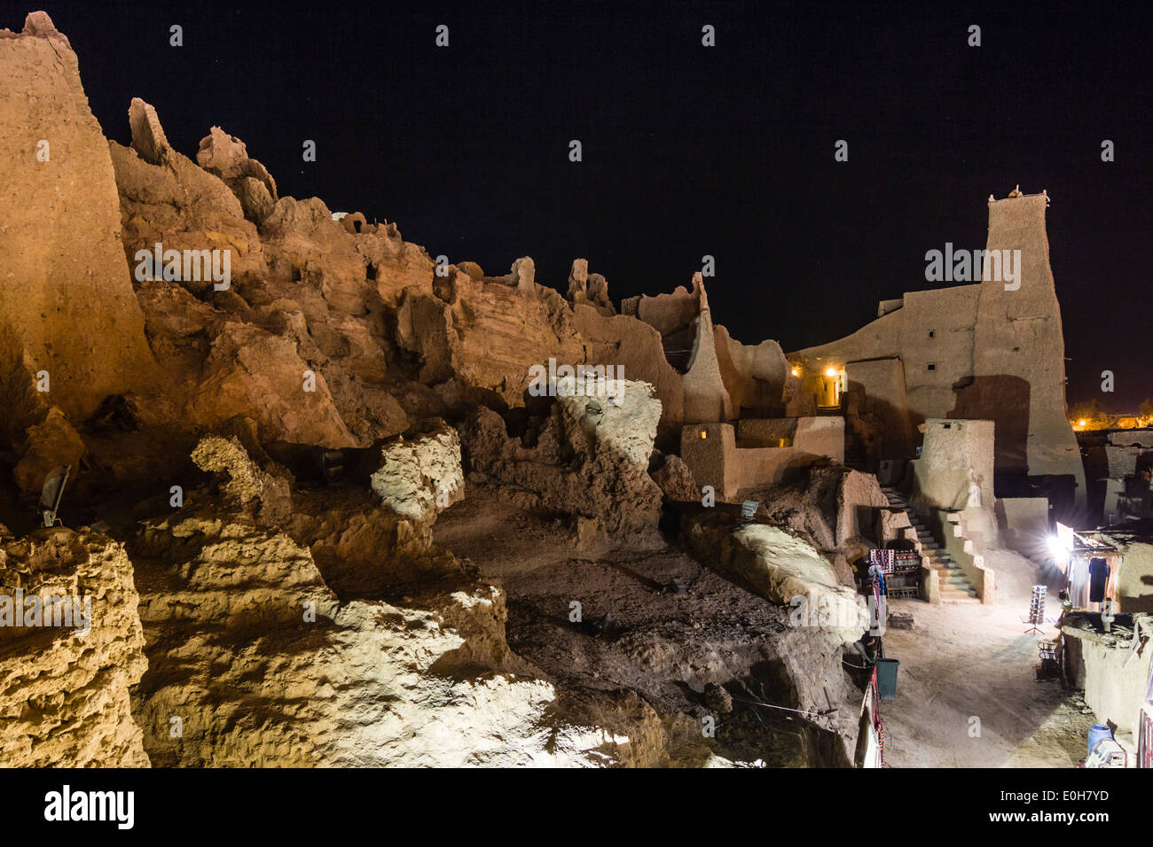 Remains of Shali fort and restored mosque. Night view. Siwa oasis ...