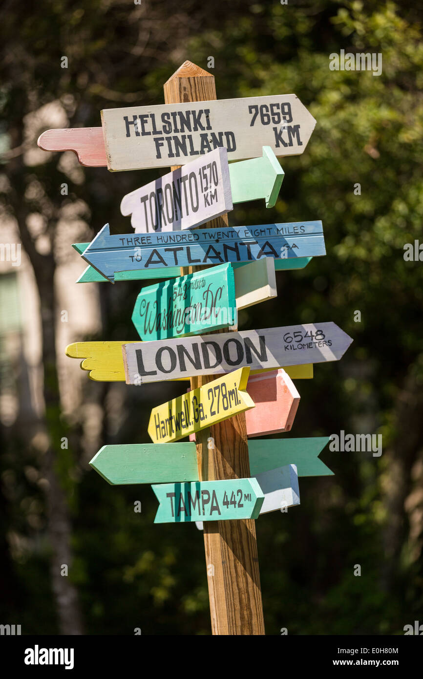 A directional sign pointing to world cities in Folly Beach, SC Stock ...