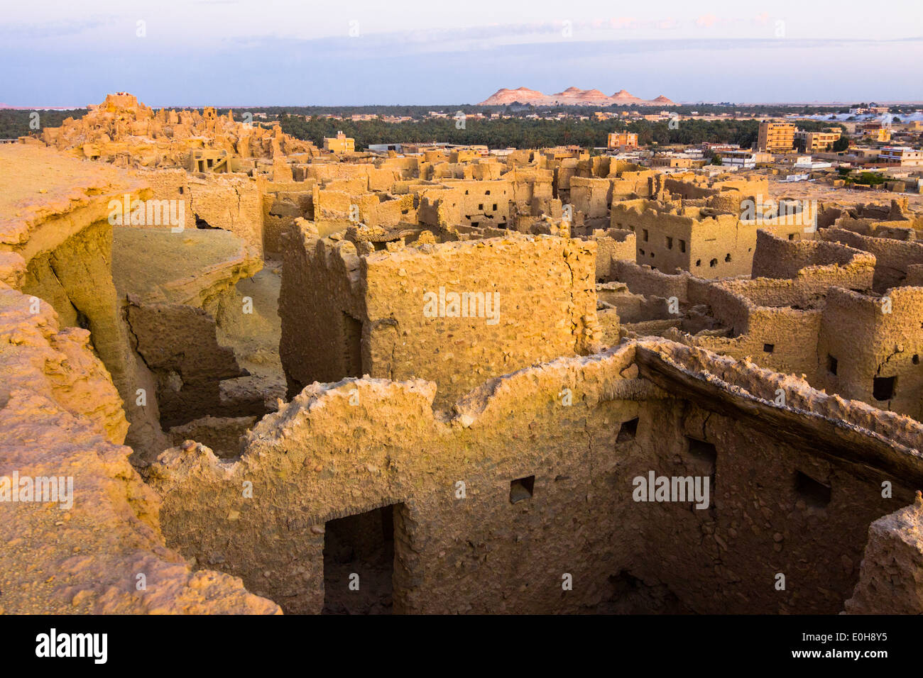 Overview of the remains of Shali fort and village at sunset. Siwa oasis ...