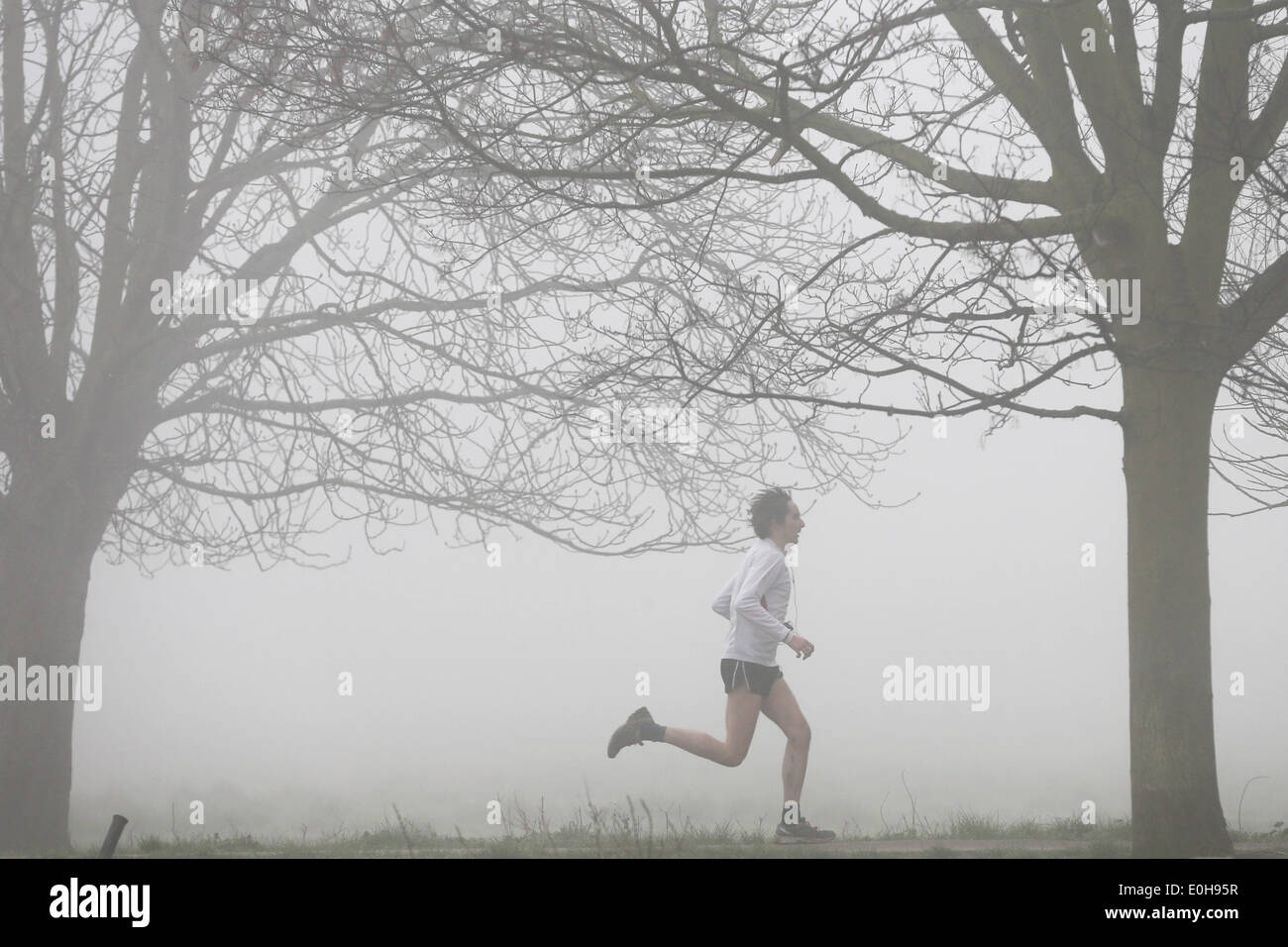 A MAN RUNNING IN THE MORNING IN THE FOG AND MIST Stock Photo - Alamy