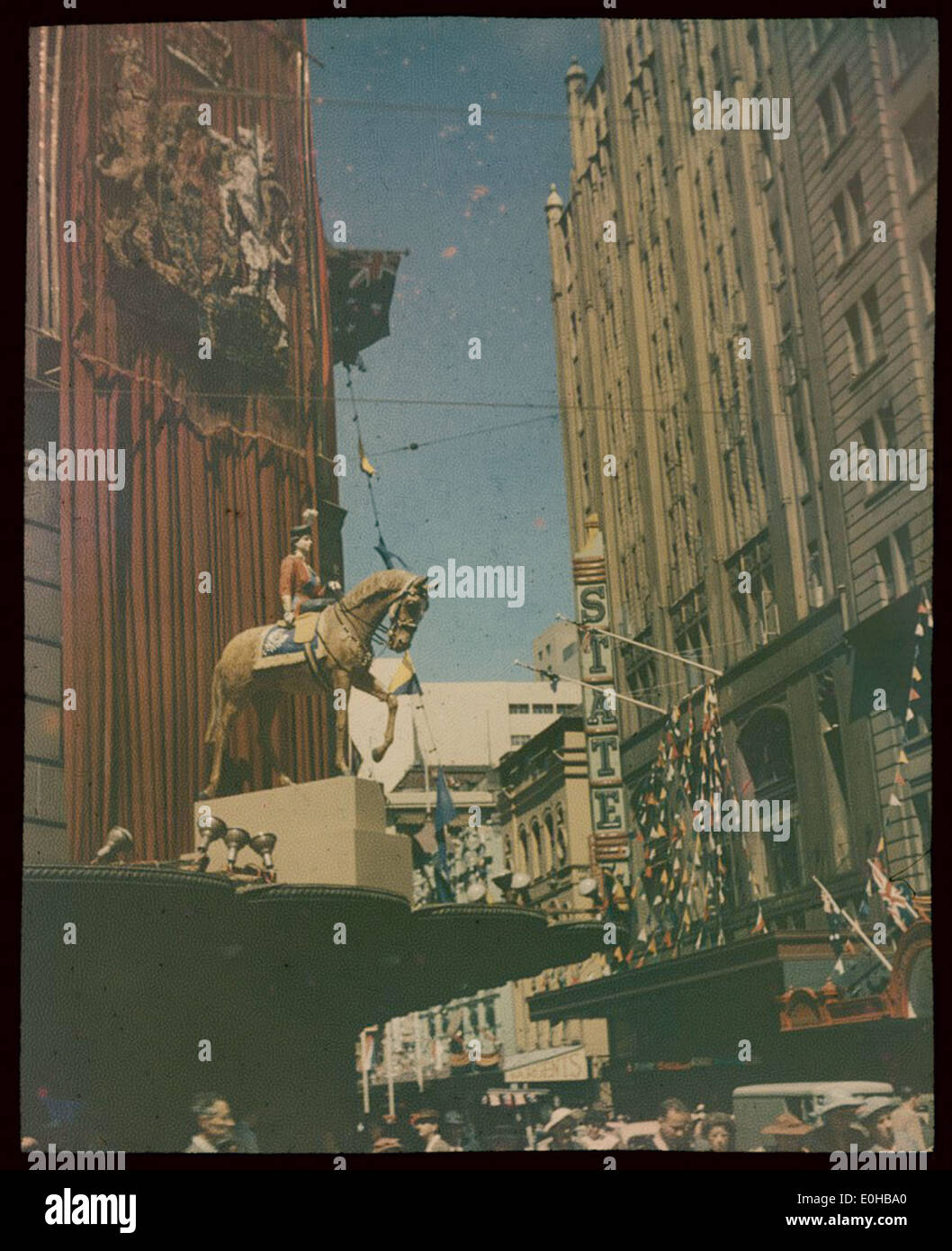 Royal tour decorations, statue of Queen Elizabeth II on horseback ...
