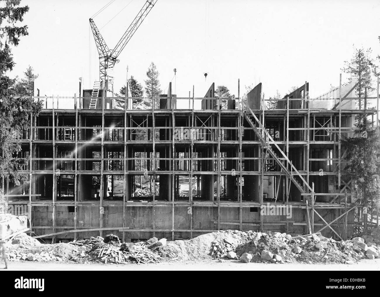 A construction site of a residential block in Oppsal, Oslo, circa 1962 ...