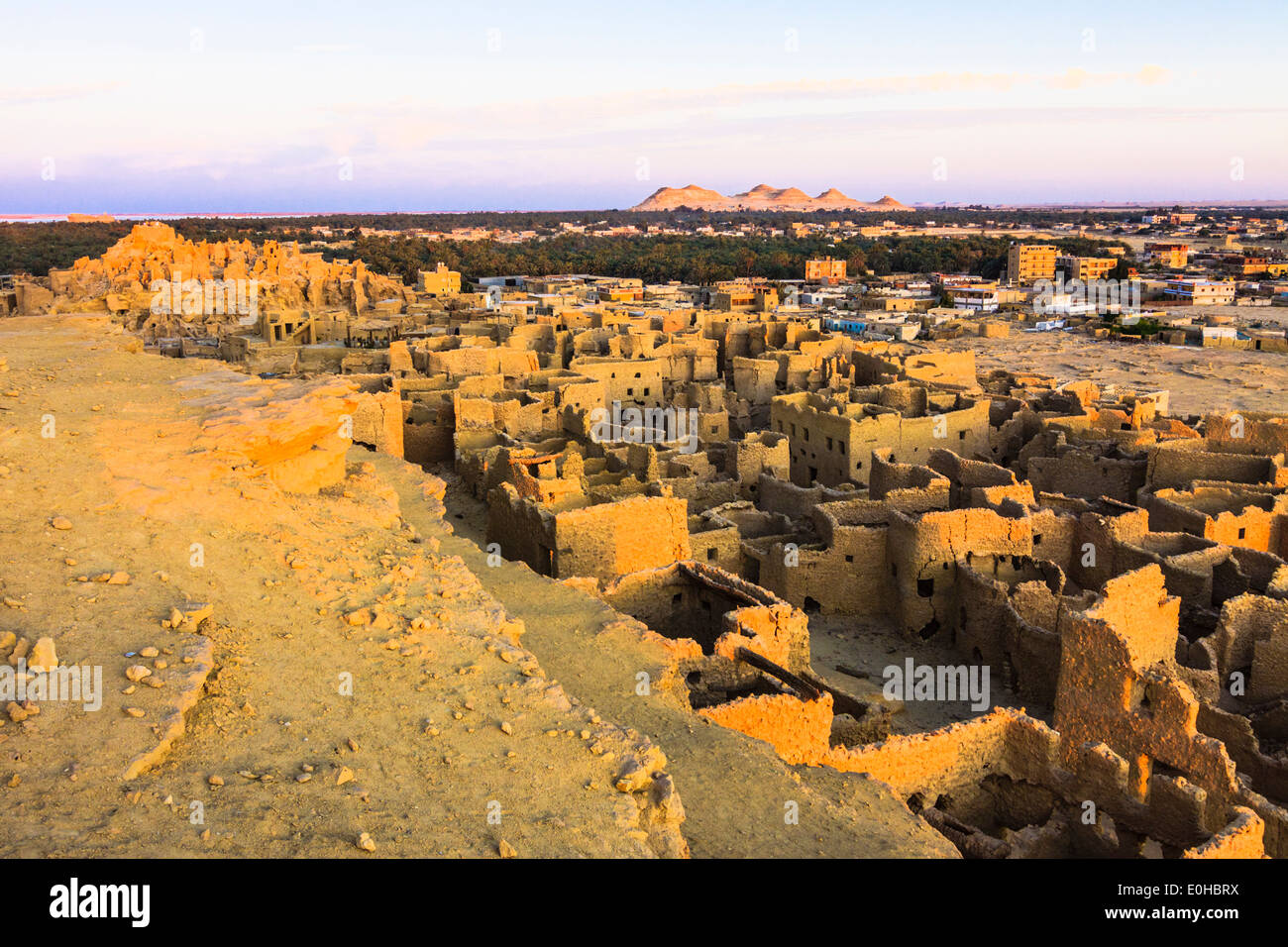 Overview of the remains of Shali fort and village at sunset. Siwa oasis ...