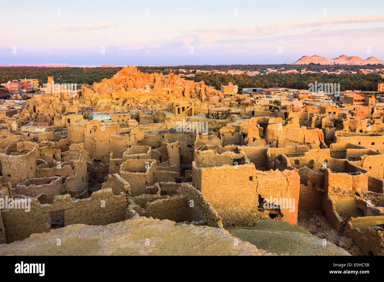 Overview of the remains of Shali fort and village at sunset. Siwa oasis ...