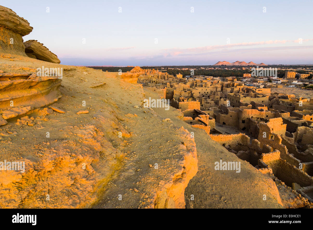 Overview of the remains of Shali fort and village at sunset. Siwa oasis ...