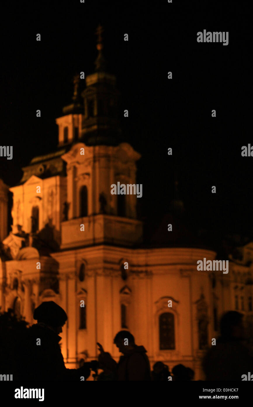 Old town square in Prague by night, view on the church Stock Photo - Alamy