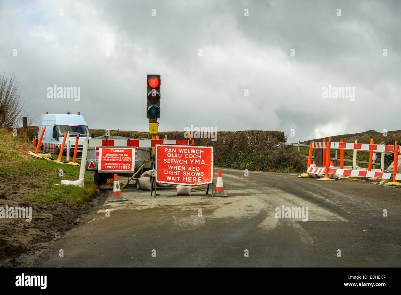 Roads Works on country lane,Gwynedd,Cymru,North Wales,United Kingdom ...