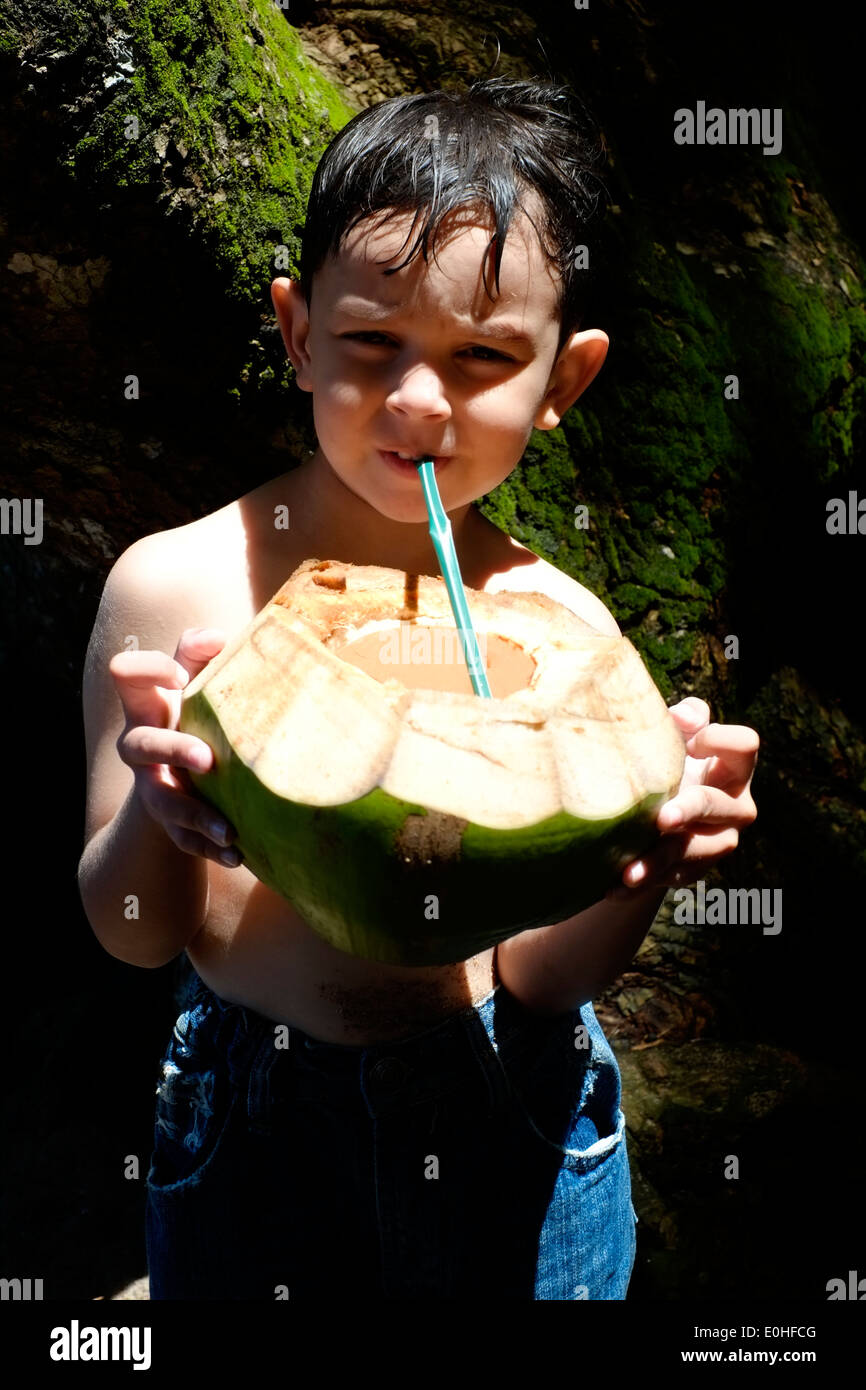 young boy drinking from fresh coconut by the the beach and sea at ...