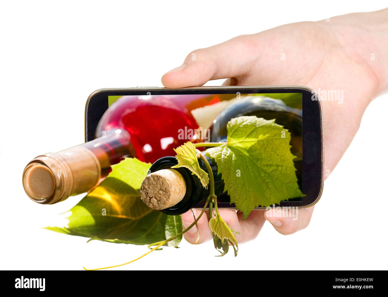 Man is showing 3d photo with wine bottles on smart mobile phone Stock ...
