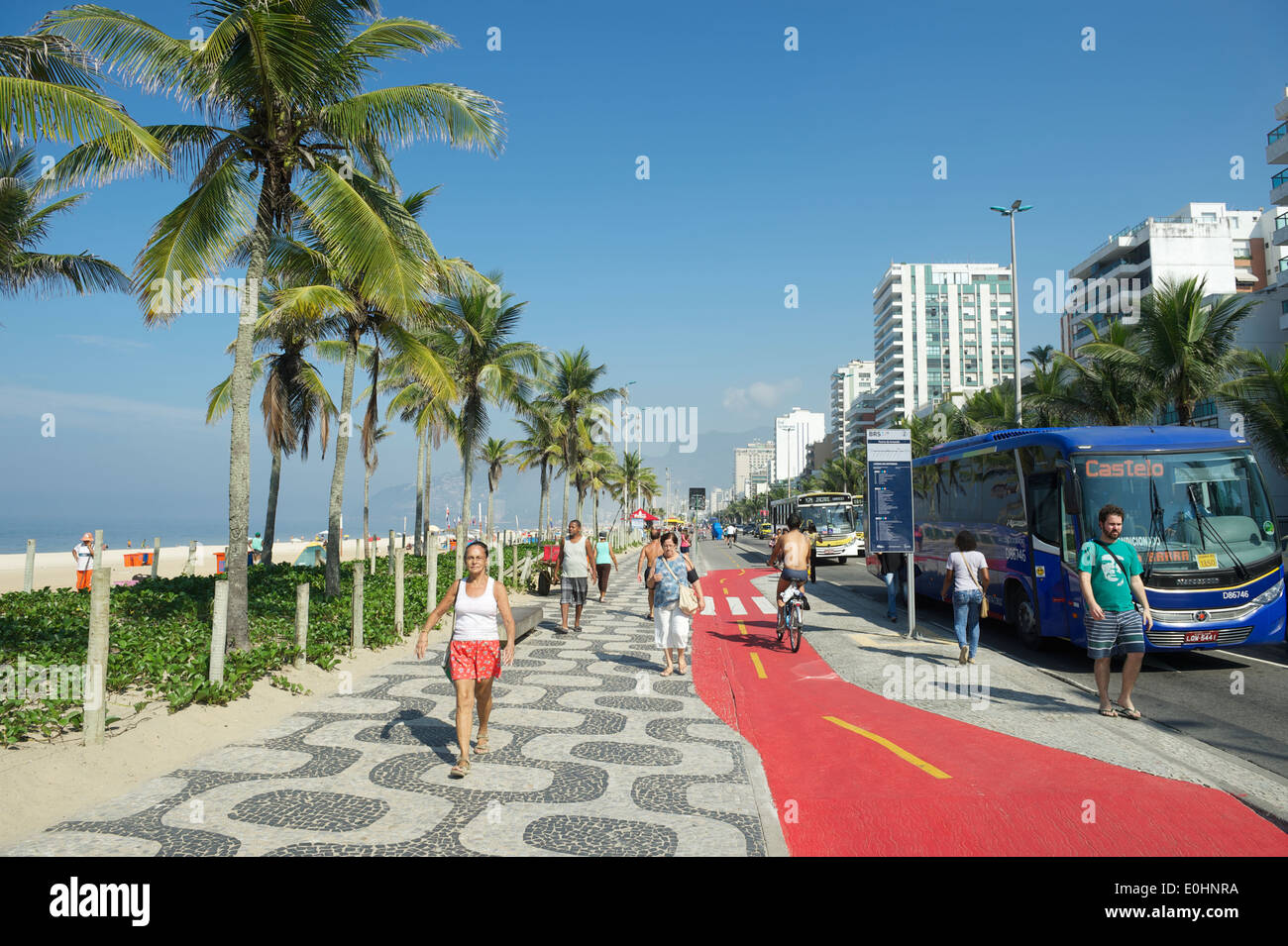 RIO DE JANEIRO, BRAZIL - APRIL 1, 2014: Bus stops along boardwalk bike ...