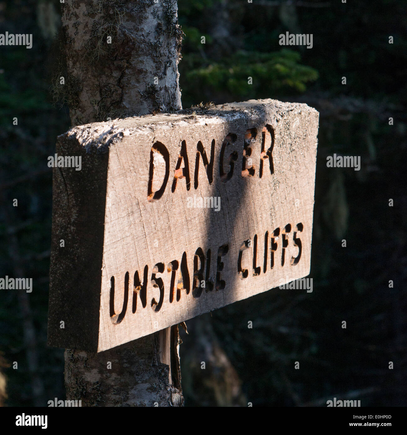 Danger sign at coast, Skerwink Trail, Bonavista Peninsula, Newfoundland ...