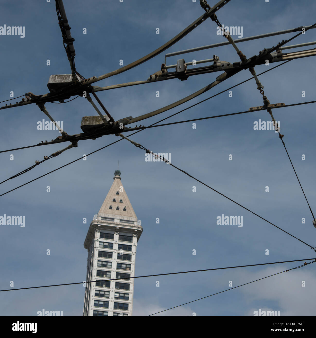 High-tension wires in front of a tower, Smith Tower, Pioneer Square ...