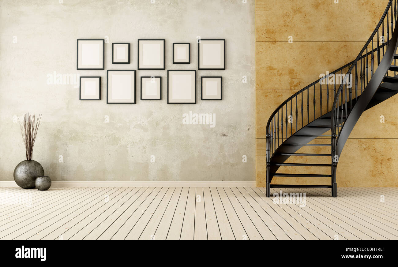 Vintage room with black circular staircase - rendering Stock Photo - Alamy