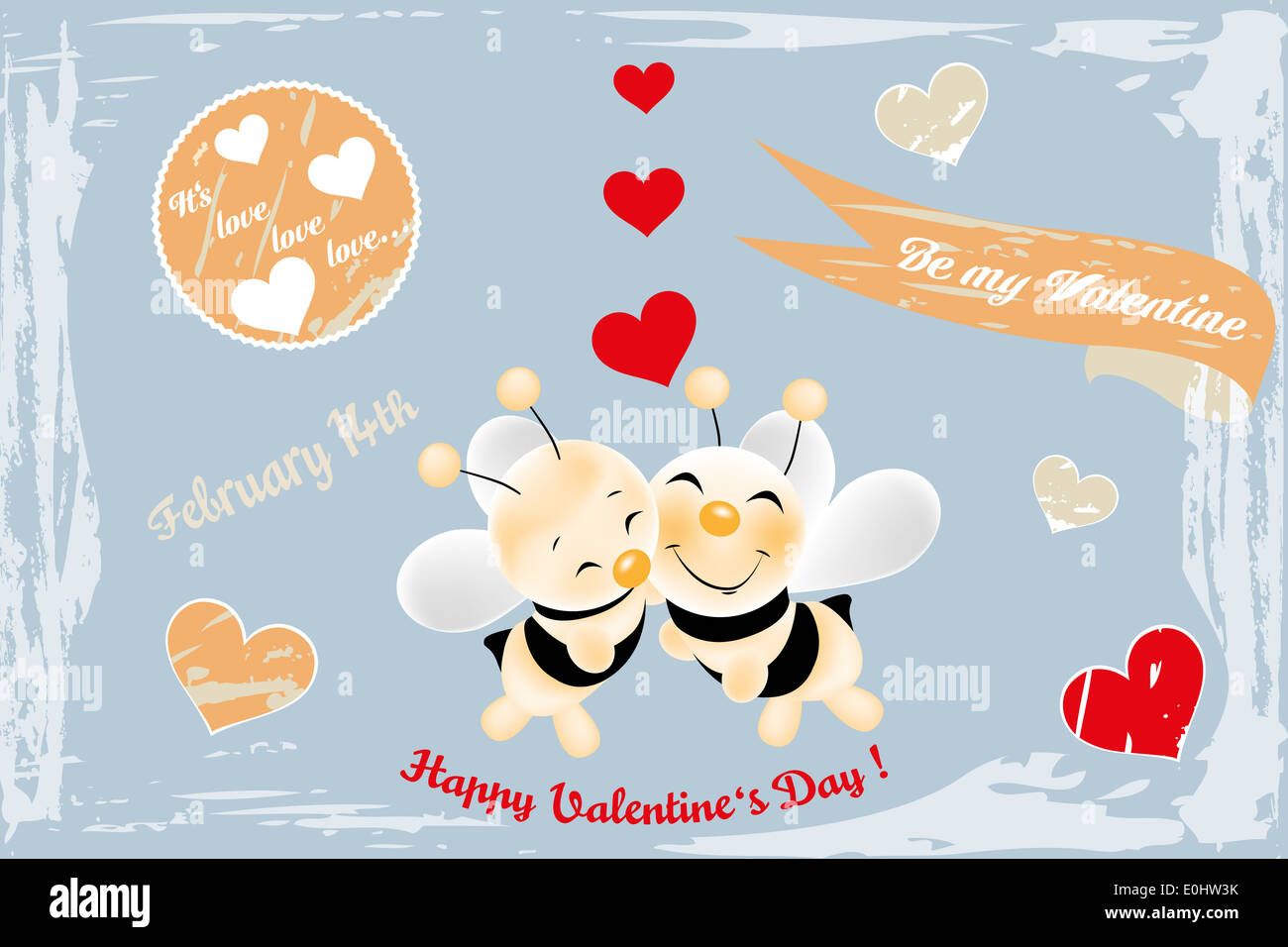 Cute bees in love - retro card with various scrapbook design elements ...