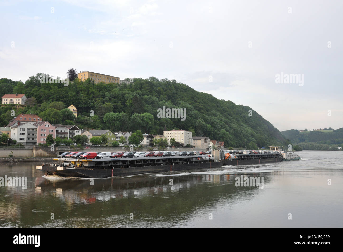 Barge carrying new vehicles, on Danube River at Passau Stock Photo - Alamy