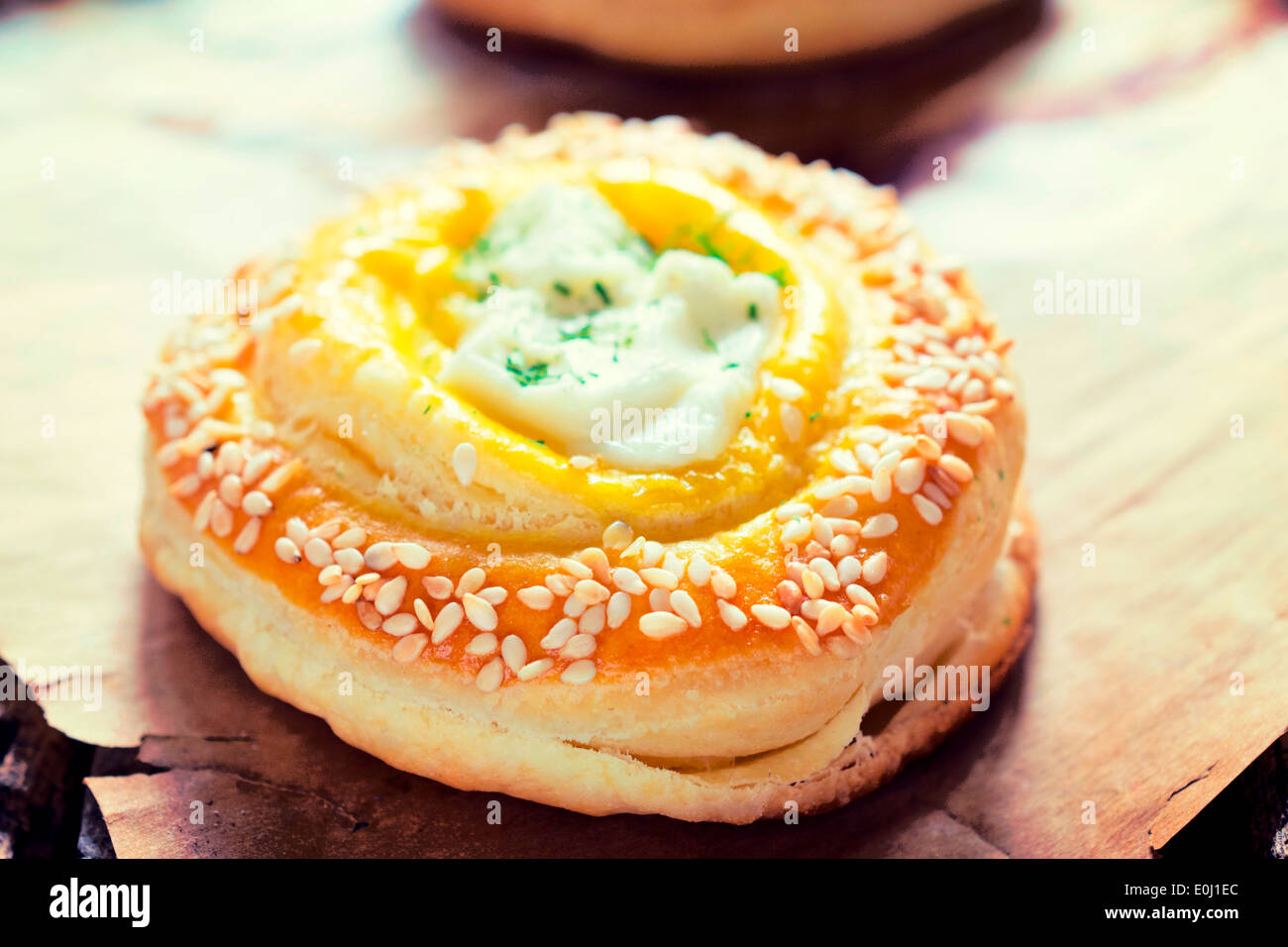 Single cheese pastry with sesame.Selective focus in the middle of ...