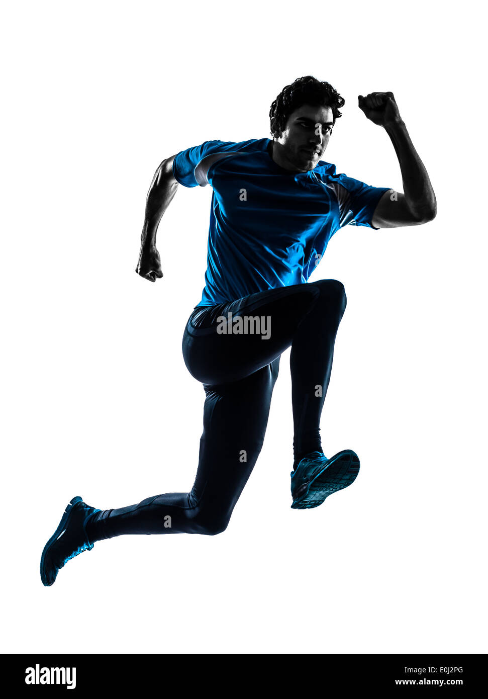 one man running sprinting jogging in silhouette studio isolated on ...