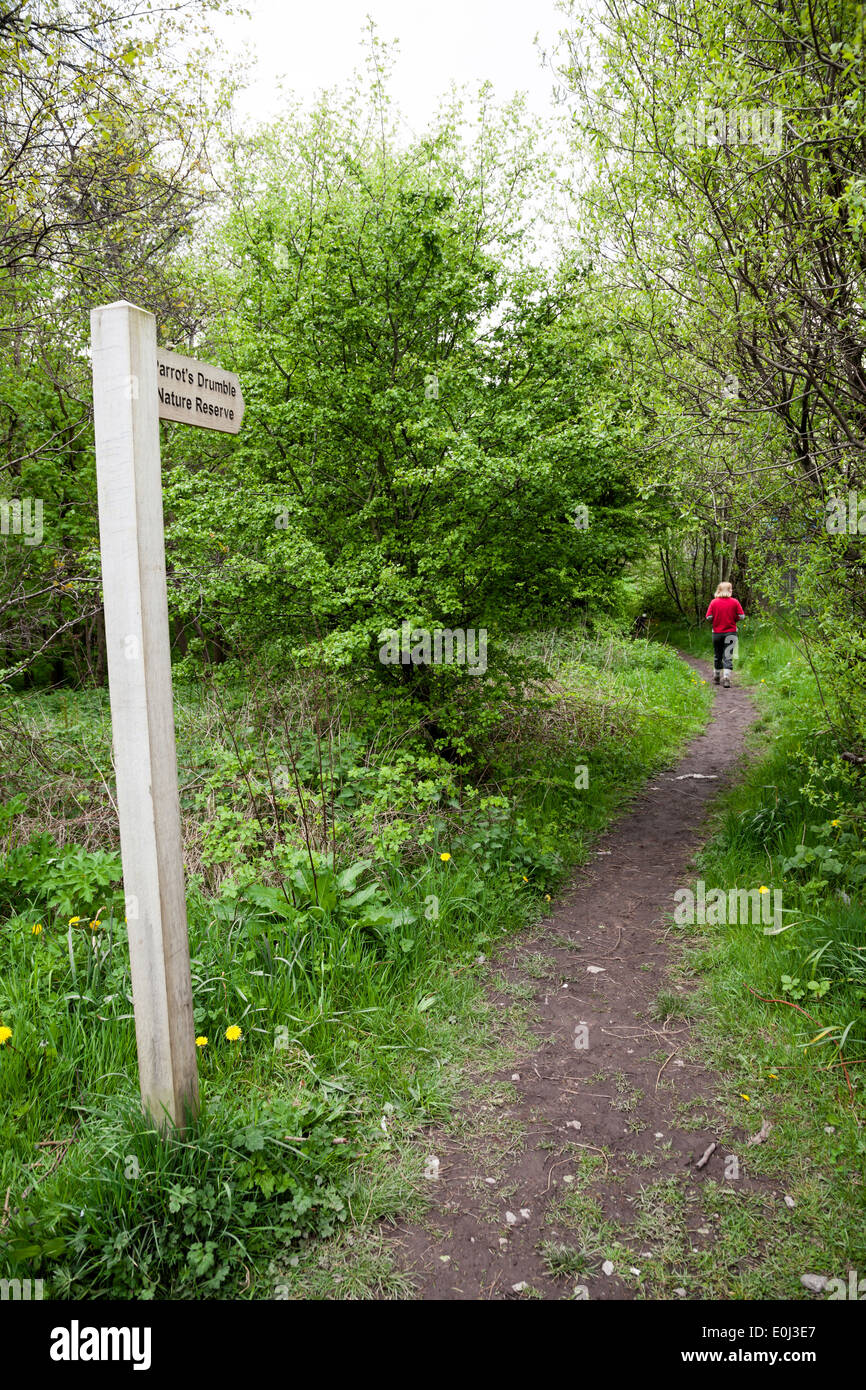 A wooden sign post pointing to Parrot's Drumble Nature Reserve Talke ...