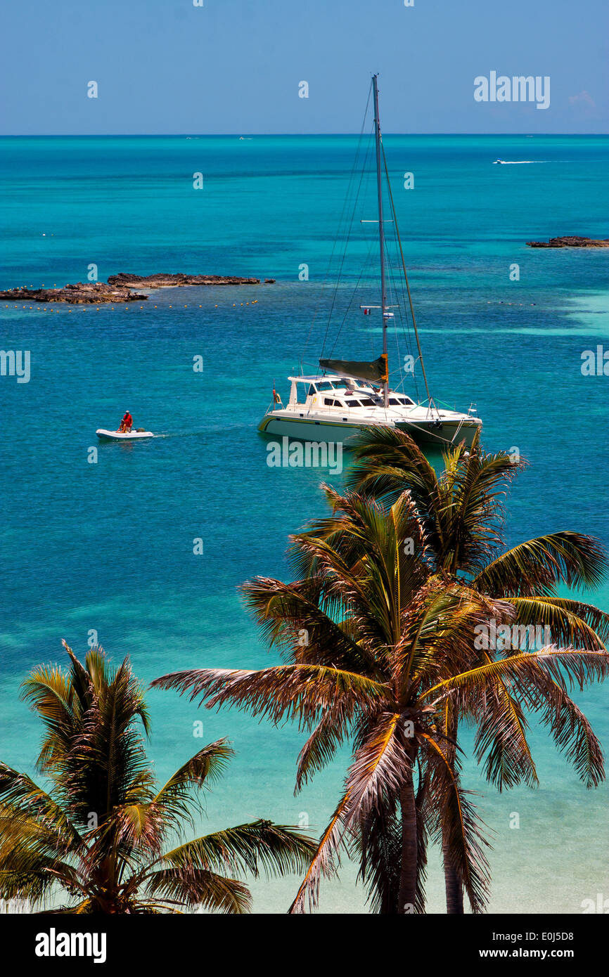 costline boat catamaran in the blue lagoon relax of isla contoy mexico ...
