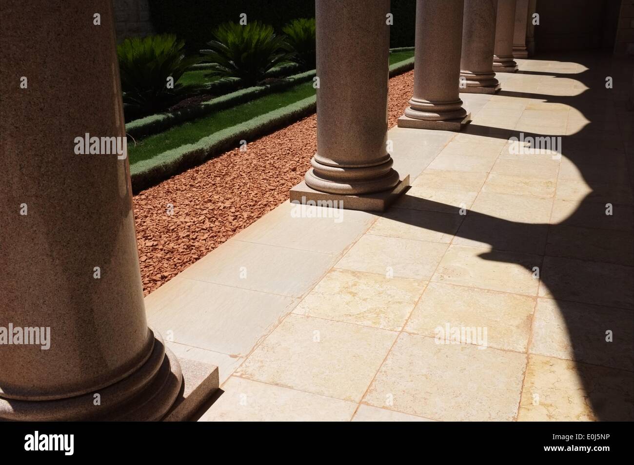 Columns around the shrine at the Bahai Temple and Gardens, designed by ...