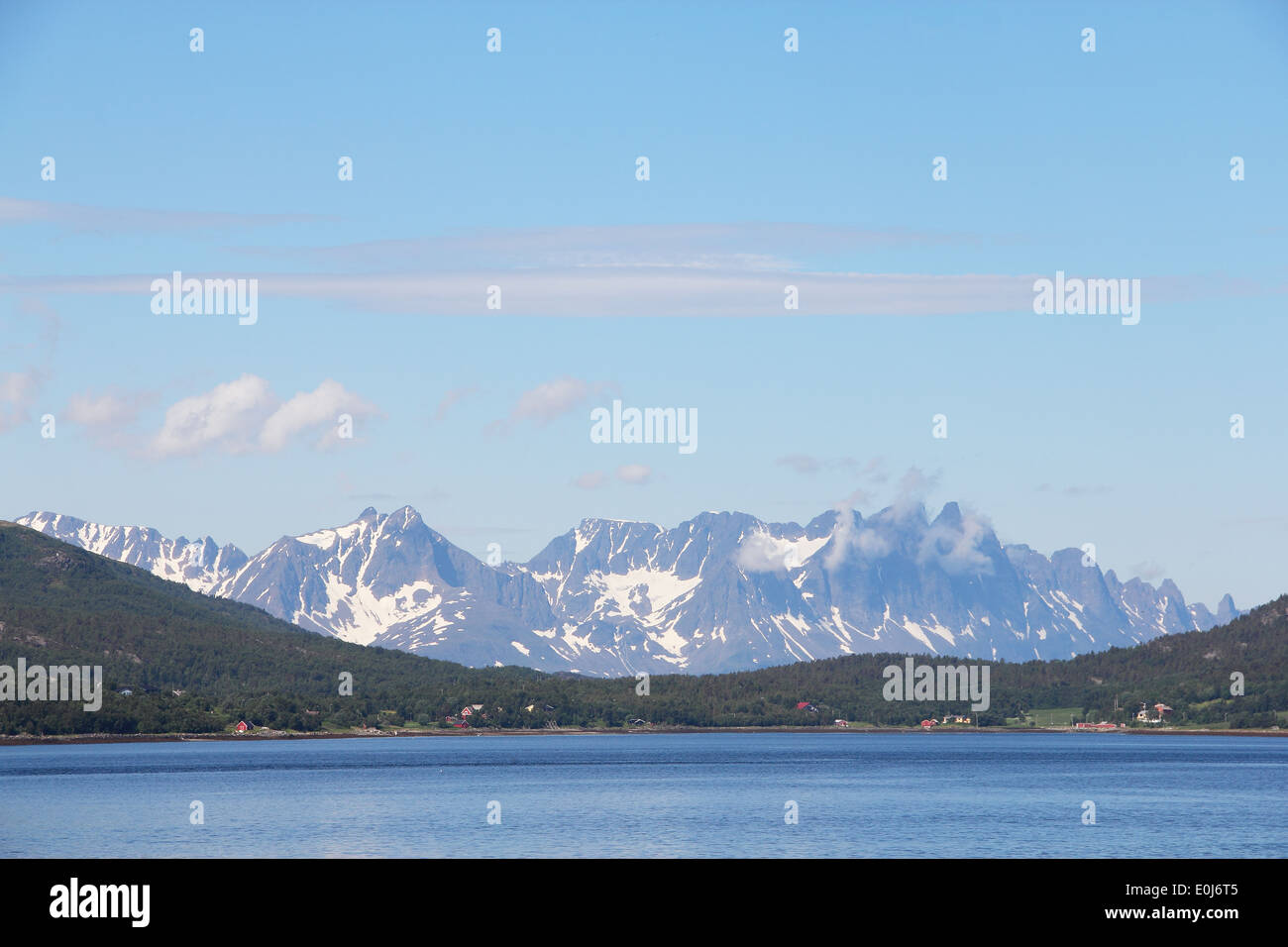 Scenic panorama of fjord and mountains in northern Norway Stock Photo ...