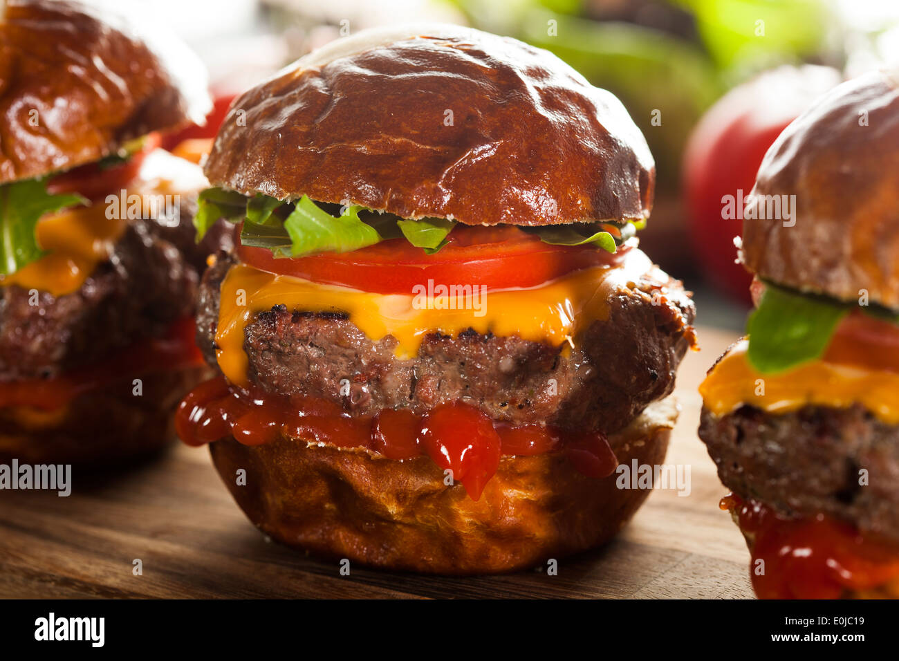 Homemade Cheeseburger Sliders with Lettuce Tomato and Cheese Stock ...